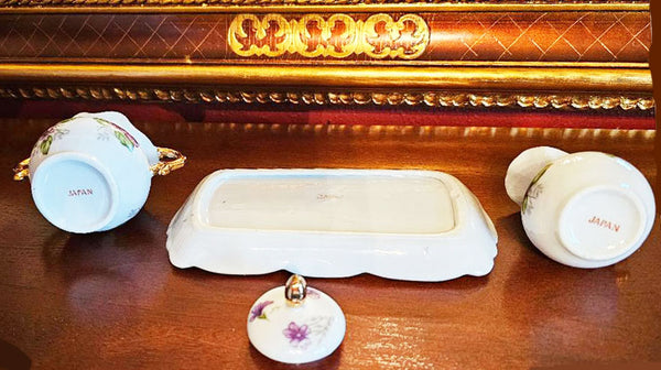 VINTAGE VIOLETS GOLD GILT SUGAR AND CREAMER SET ON MATCHING TRAY TEA P ...